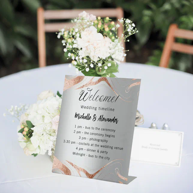 Wedding silver rose gold marble program timeline pedestal sign | Zazzle