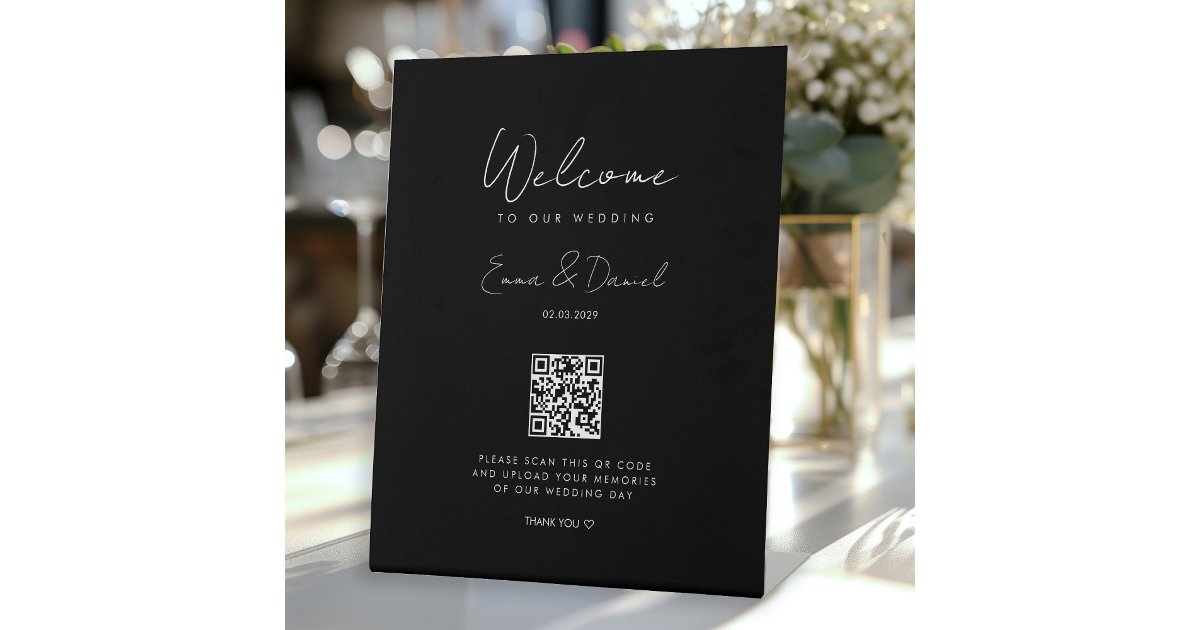 Welcome QR Code Wedding Galery Black Pedestal Sign | Zazzle