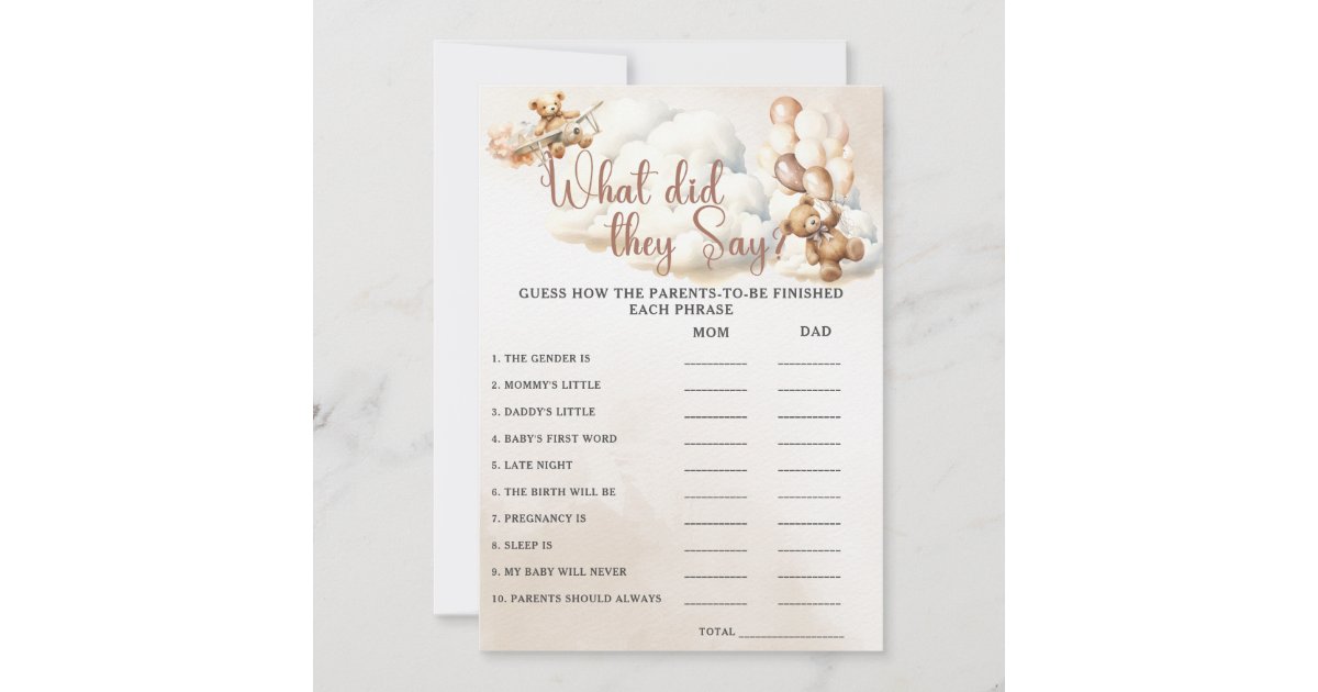 WHAT DID THEY SAY Baby Shower Game Cute Bear Invitation | Zazzle
