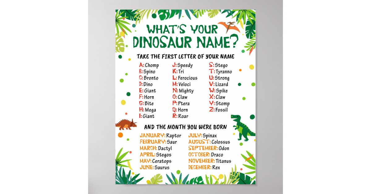 What's Your Dinosaur Name Party Game Poster | Zazzle