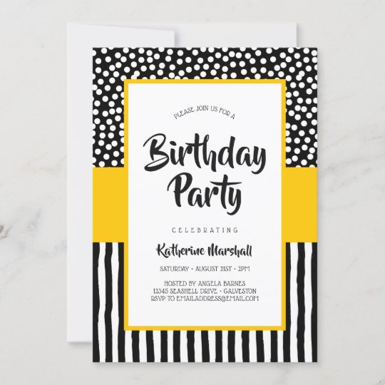 Whimsical Black White and Yellow Birthday Invitation | Zazzle.com.au