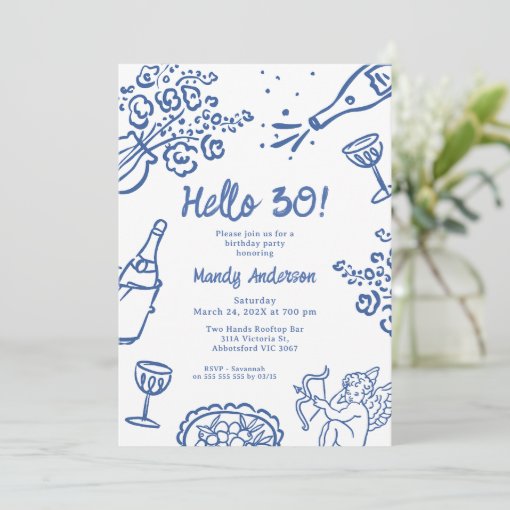 Whimsical Blue Hand Drawn 30th Birthday Party Invitation | Zazzle