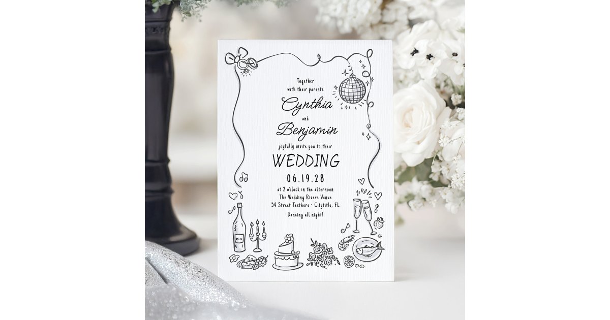 Whimsical Funky Hand Drawn Doodles Retro Wedding Invitation | Zazzle