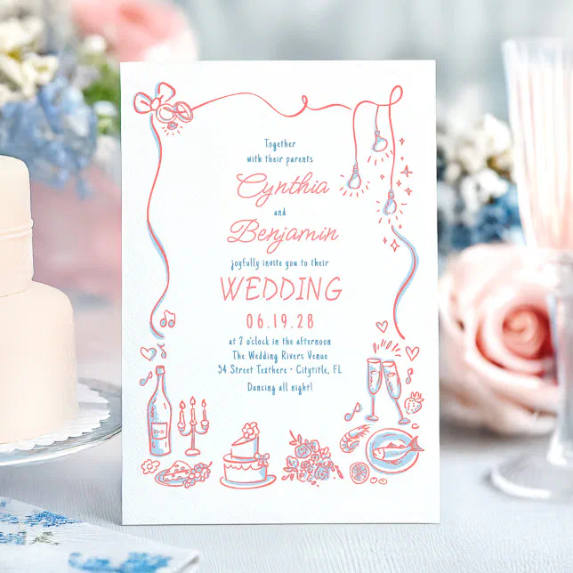 Whimsical Funky Hand Drawn Doodles Wedding Invitation | Zazzle