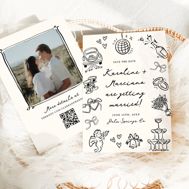 Whimsical Hand Drawn Doodles Save the Date QR code Invitation | Zazzle