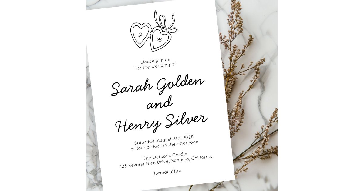 Whimsical Heart Locket Doodle Sketch Modern CUSTOM Invitation | Zazzle