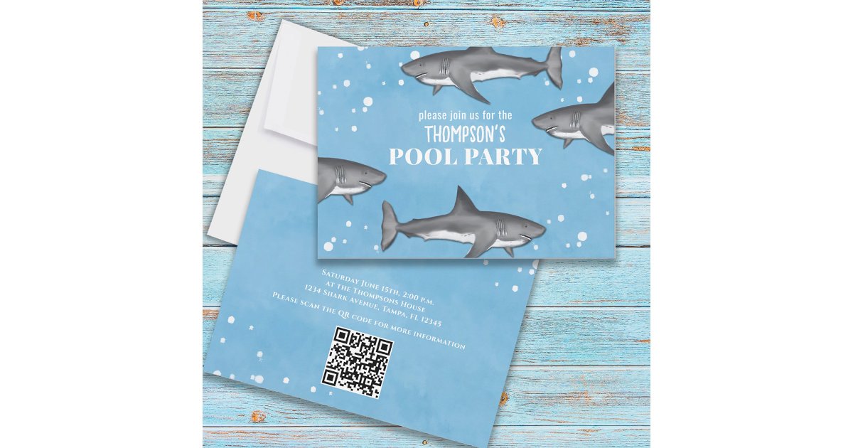 Whimsical Pool Party Ocean Swimming Sharks QR Code Invitation | Zazzle