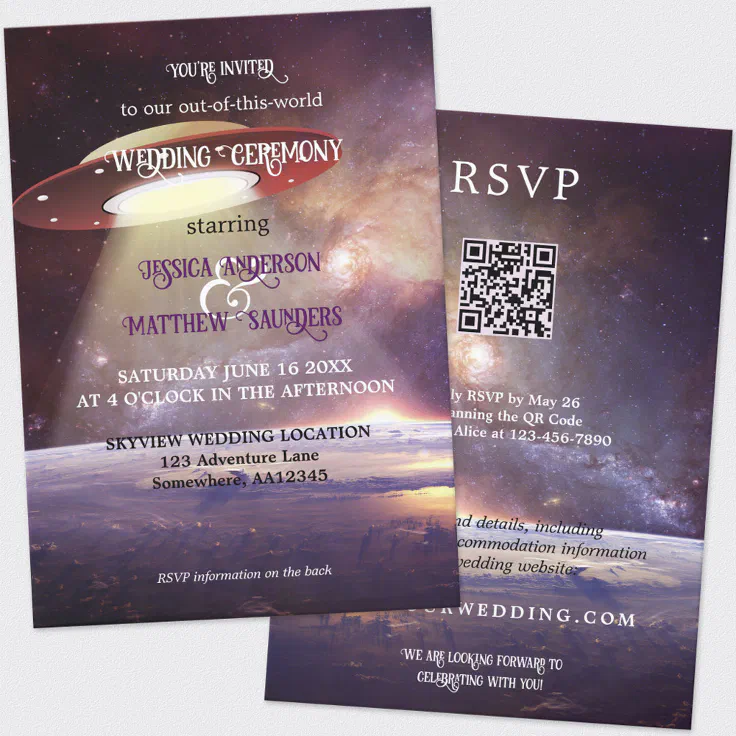 Whimsical QR Code Sci-fi UFO Space Wedding Invitation | Zazzle