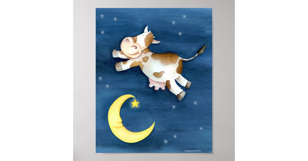 Whimsy watercolor art cow jumping over the moon poster | Zazzle