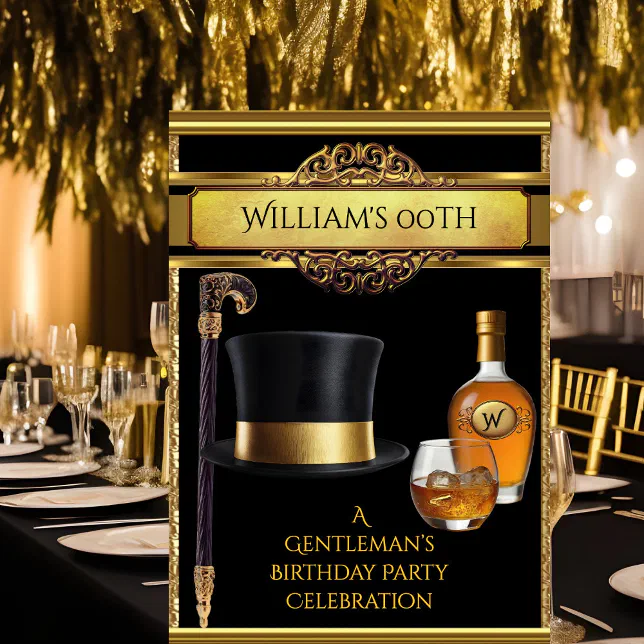 Whiskey Gentlemen Elegant Gold Black Birthday Invitation | Zazzle