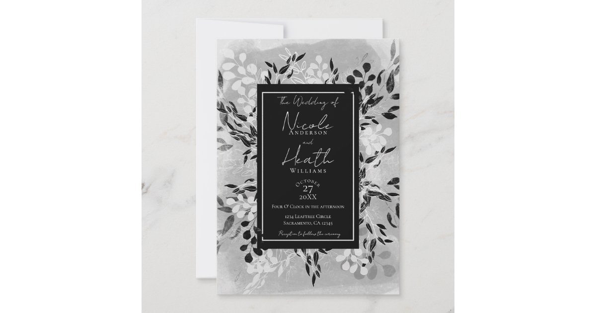 White Black Grey Modern Minimal Floral Wedding Invitation | Zazzle