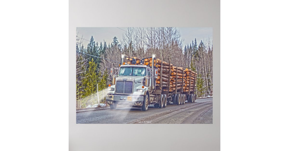 White Logging Truck- Lorry and Highway Art Poster | Zazzle