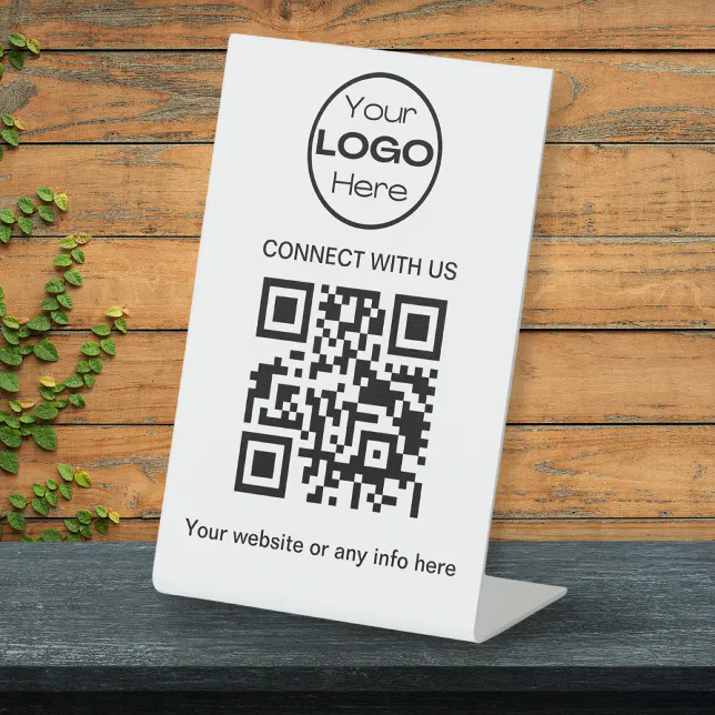 White Minimalistic Business Logo and QR Code Pedestal Sign | Zazzle