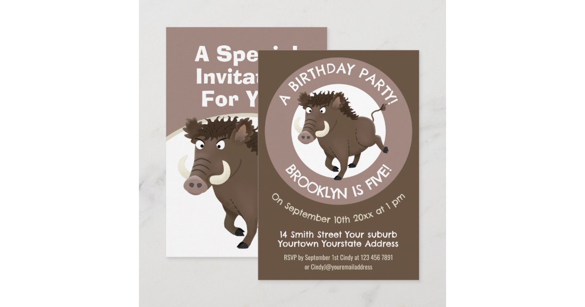 Wild boar cartoon personalised birthday invitation | Zazzle