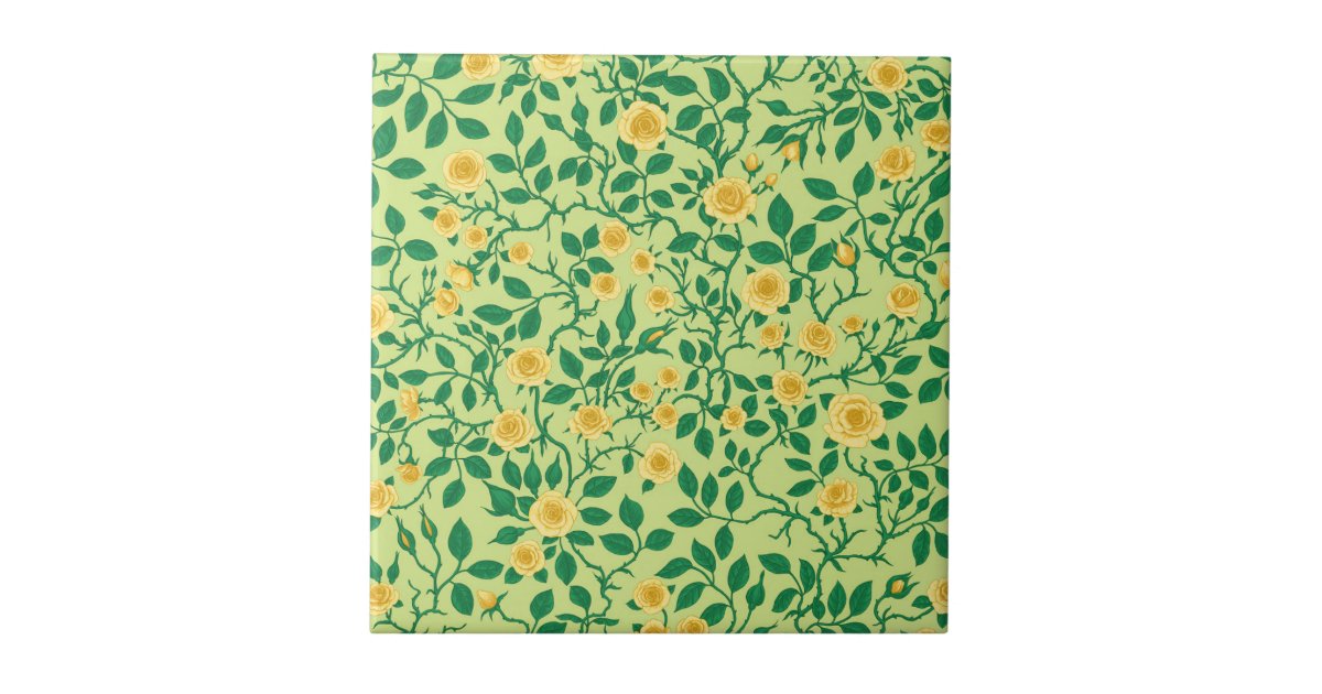 Wild roses in yellow and green ceramic tile | Zazzle