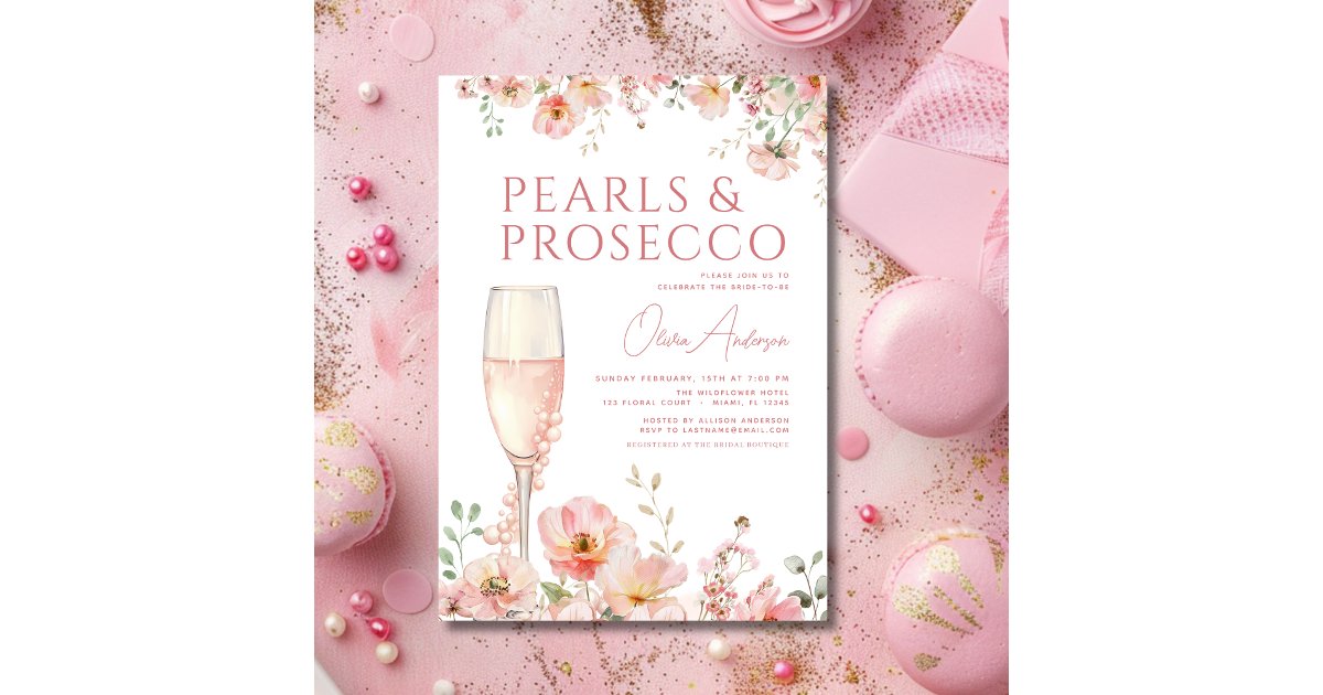 Wildflower Pearls & Prosecco Blush Bridal Shower Invitation | Zazzle