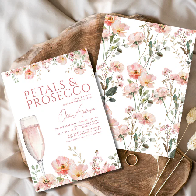 Wildflower Petals & Prosecco Blush Bridal Shower Invitation | Zazzle