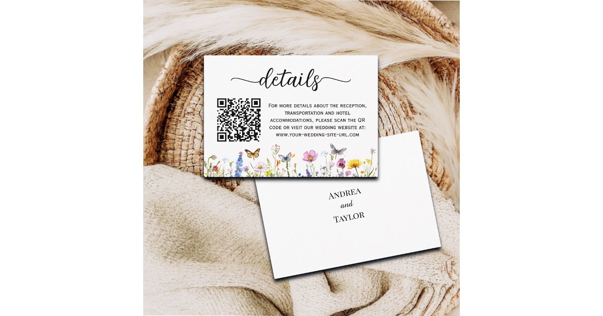 Wildflowers Butterflies QR Code Wedding Details Enclosure Card | Zazzle