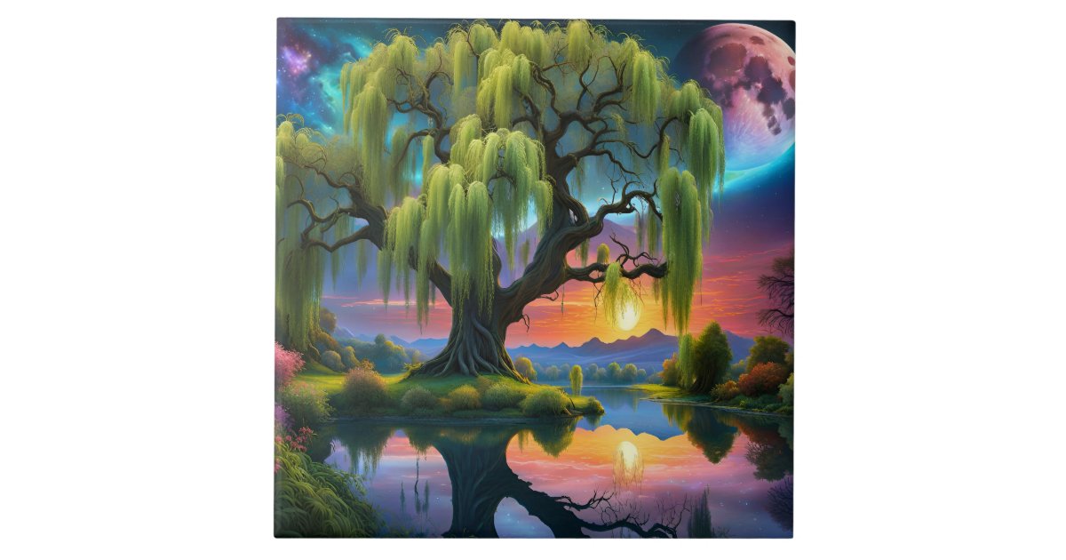 Willow tree under a Full Moon N Starry sky Sunset Ceramic Tile | Zazzle
