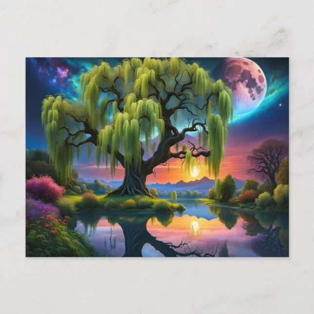 Willow tree under a Full Moon N Starry sky Sunset Postcard | Zazzle