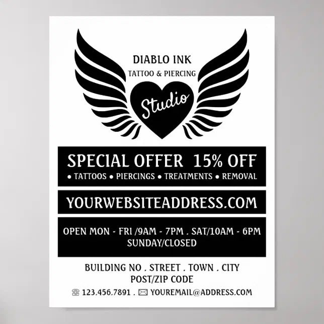 Winged Heart Tattoo, Tattoo & Body Piercing Studio Poster | Zazzle