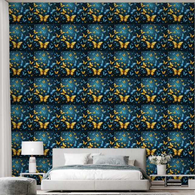 Wings of Joy: Blue and Yellow Flying Butterflies, Wallpaper | Zazzle