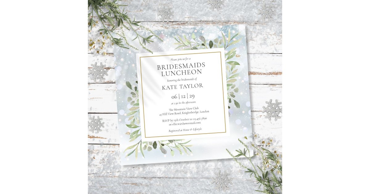 Winter Greenery Bridesmaids Luncheon Square Invitation | Zazzle