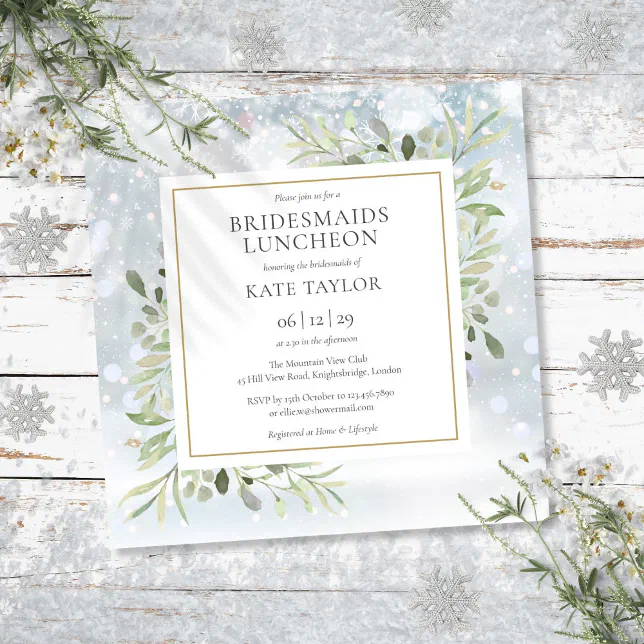 Winter Greenery Bridesmaids Luncheon Square Invitation | Zazzle