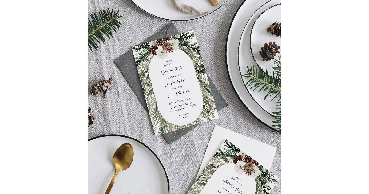 Winter White Floral & Pine Tree Christmas Invitation | Zazzle