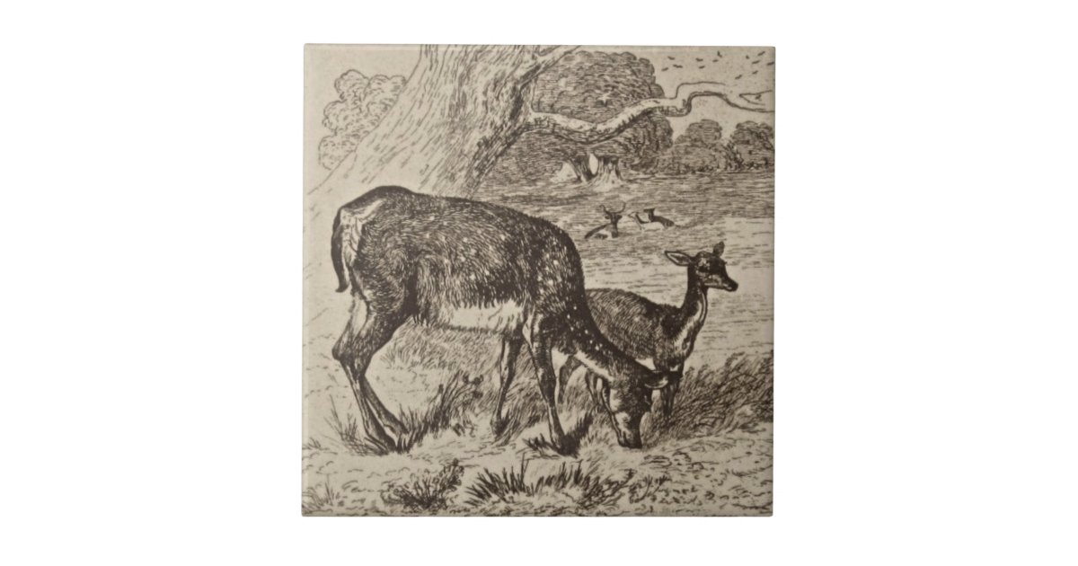 Wm Wise Minton Doe & Fawn Deer Antique Repro Sepia Ceramic Tile | Zazzle