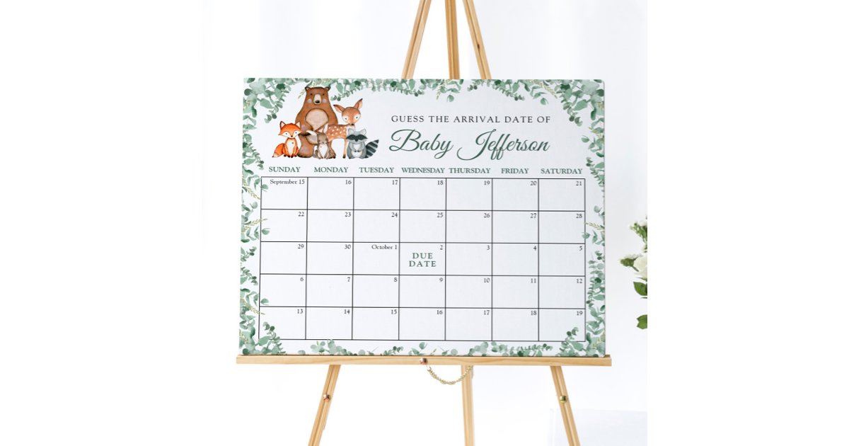 Wood Animals Greenery Guess Due Date Calendar Post Poster | Zazzle