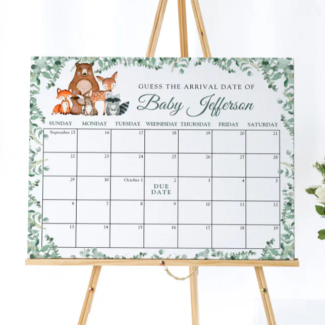 Wood Animals Greenery Guess Due Date Calendar Post Poster | Zazzle