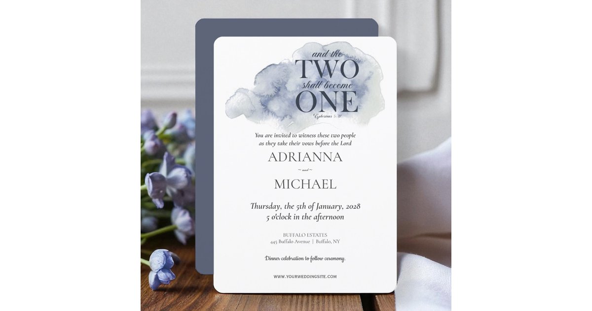 Wood Christian Two Become One Watercolor Blue Invitation | Zazzle