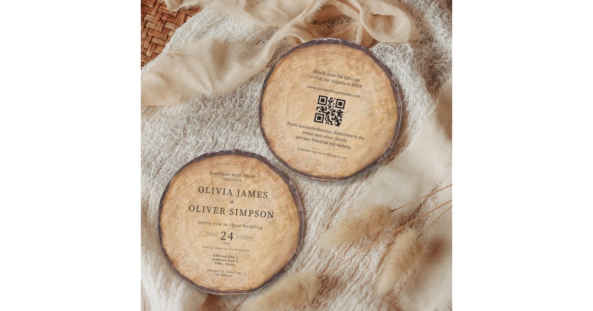Wood tree stump barn QR code all in one wedding Invitation | Zazzle