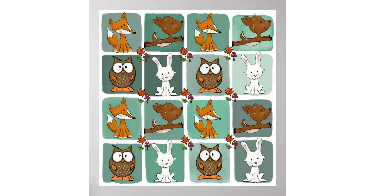 Woodland Animals Block Pattern Poster | Zazzle