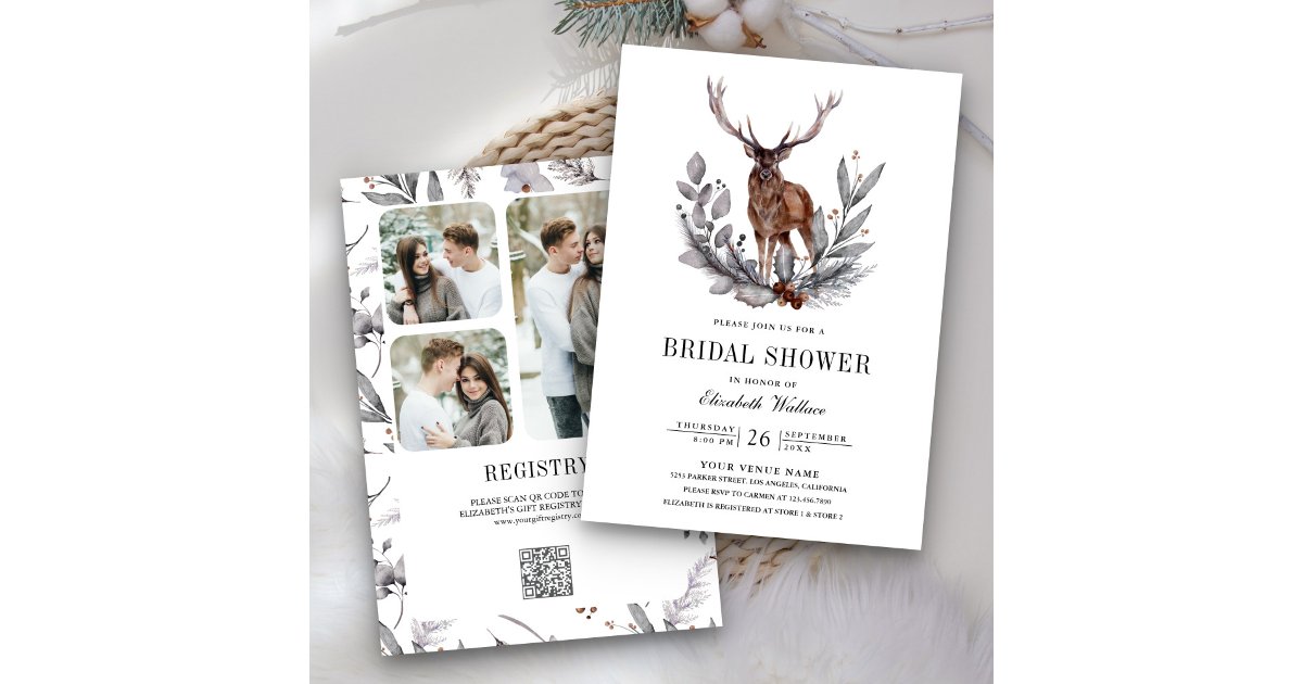 Woodland Forest Deer QR Code Photo Bridal Shower Invitation | Zazzle
