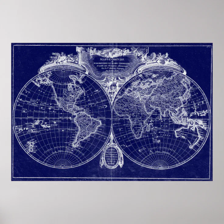 World Map (1775) Blue & White Poster | Zazzle