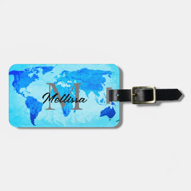 World Map Blue Artistic Monograms Name Gift 2023 Luggage Tag | Zazzle