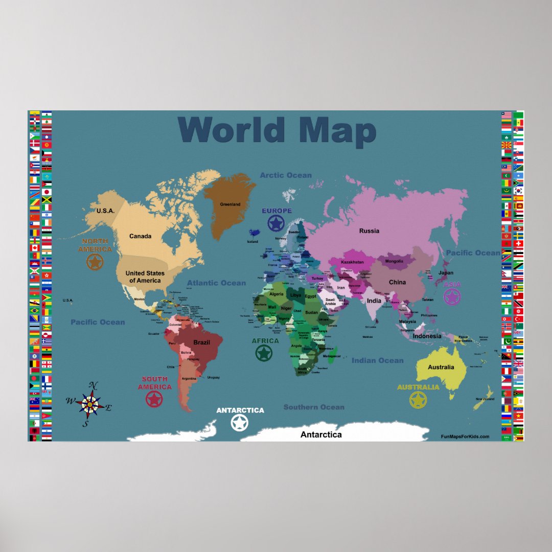 World Map For Kids - Blue with Flags Poster | Zazzle