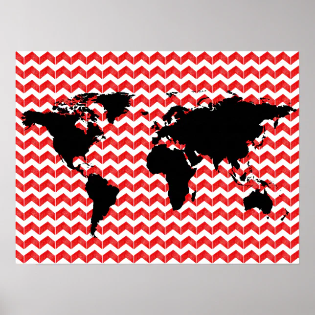 world map on red chevron pattern poster | Zazzle