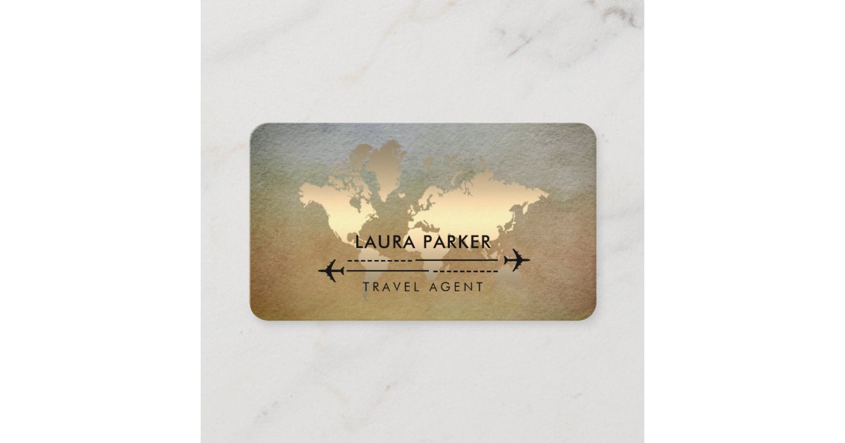 World Map Travel Agent Gold Tourism Aeroplane Business Card | Zazzle