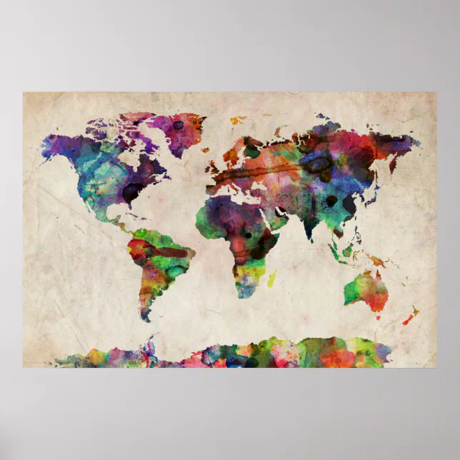 World Map Urban Watercolor Poster | Zazzle