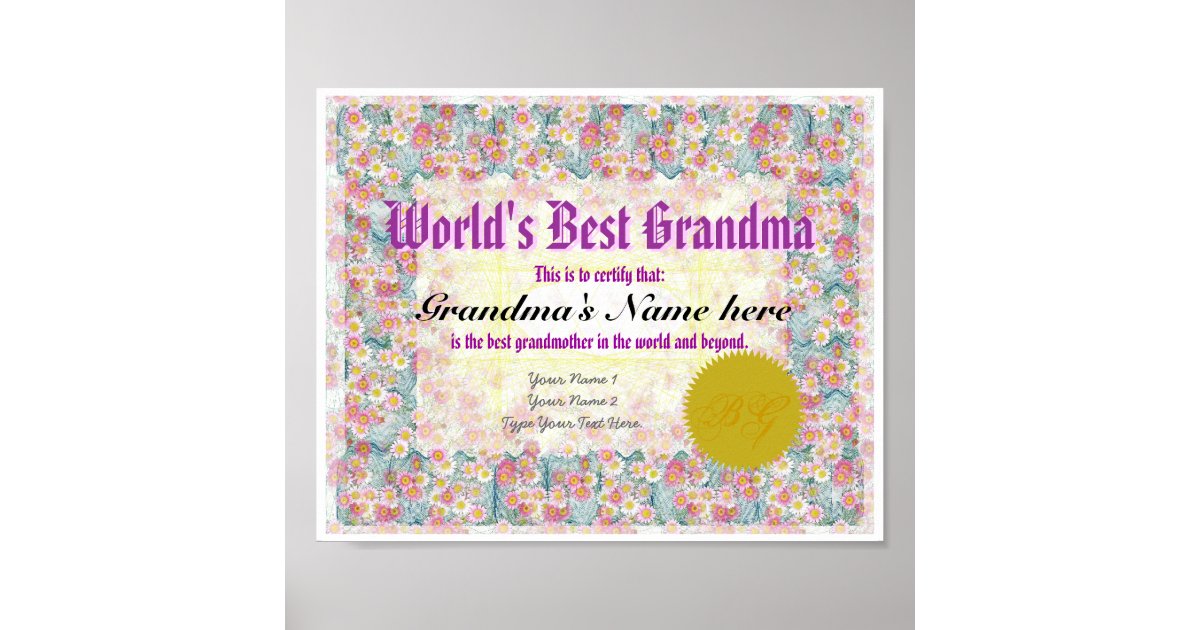 World's Best Grandma Award Certificate Print | Zazzle