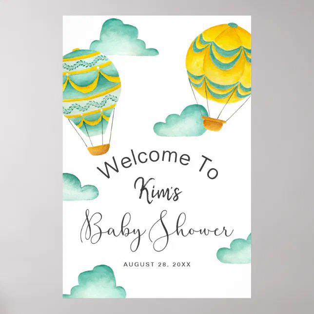 Yellow Aqua Hot Air Balloons Baby Shower Welcome Poster | Zazzle