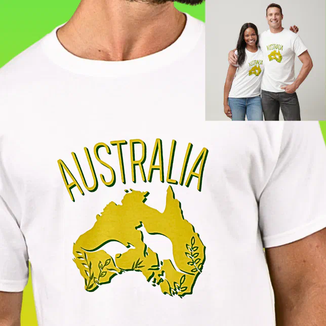 Yellow Green Australia Map with Kangaroos on Light T-Shirt | Zazzle
