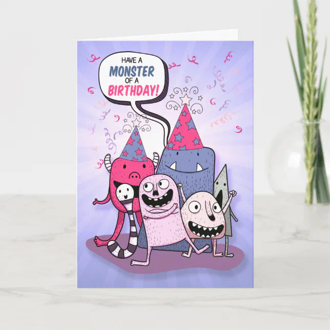 Young Girl Pink and Purple Monster Birthday Card | Zazzle