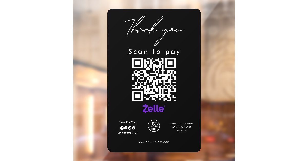 Zelle QR Code Logo Scan to Pay Thank you Black | Zazzle