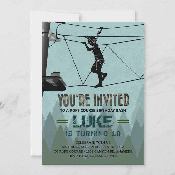 Zipline Rope Course Outdoor Adventure Birthday Invitation | Zazzle